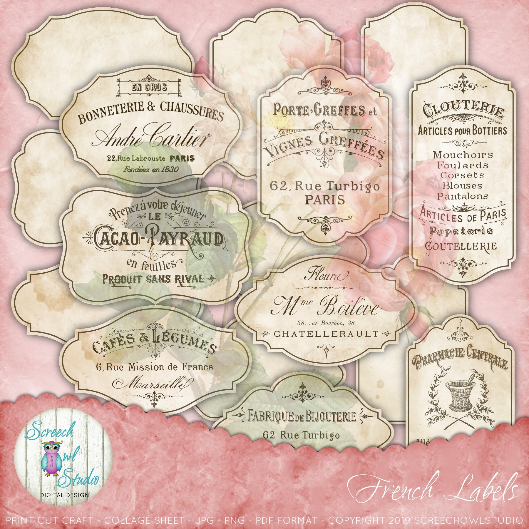 Ephemera Tag French Tags Scrapbooking, Junk Journal 7 Pages Extra Large ...