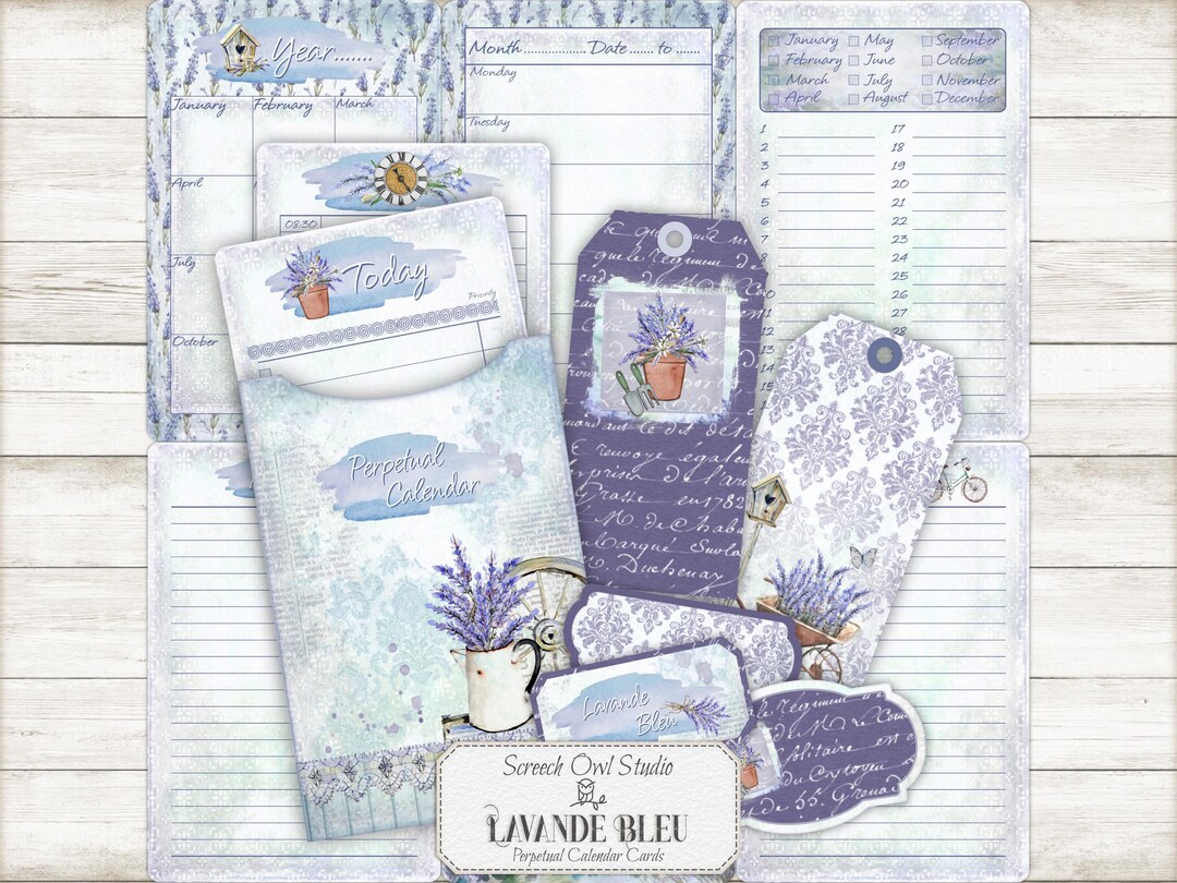 French Lavender Perpetual Calendar Cards: Printable Planner Ephemera ...