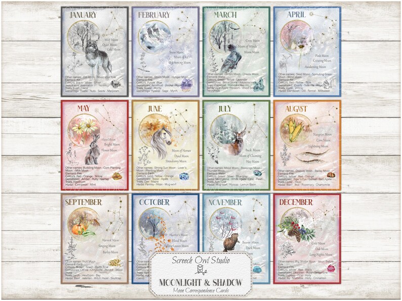 Printable Moon Correspondence Cards: Moonlight and Shadow (digital ...