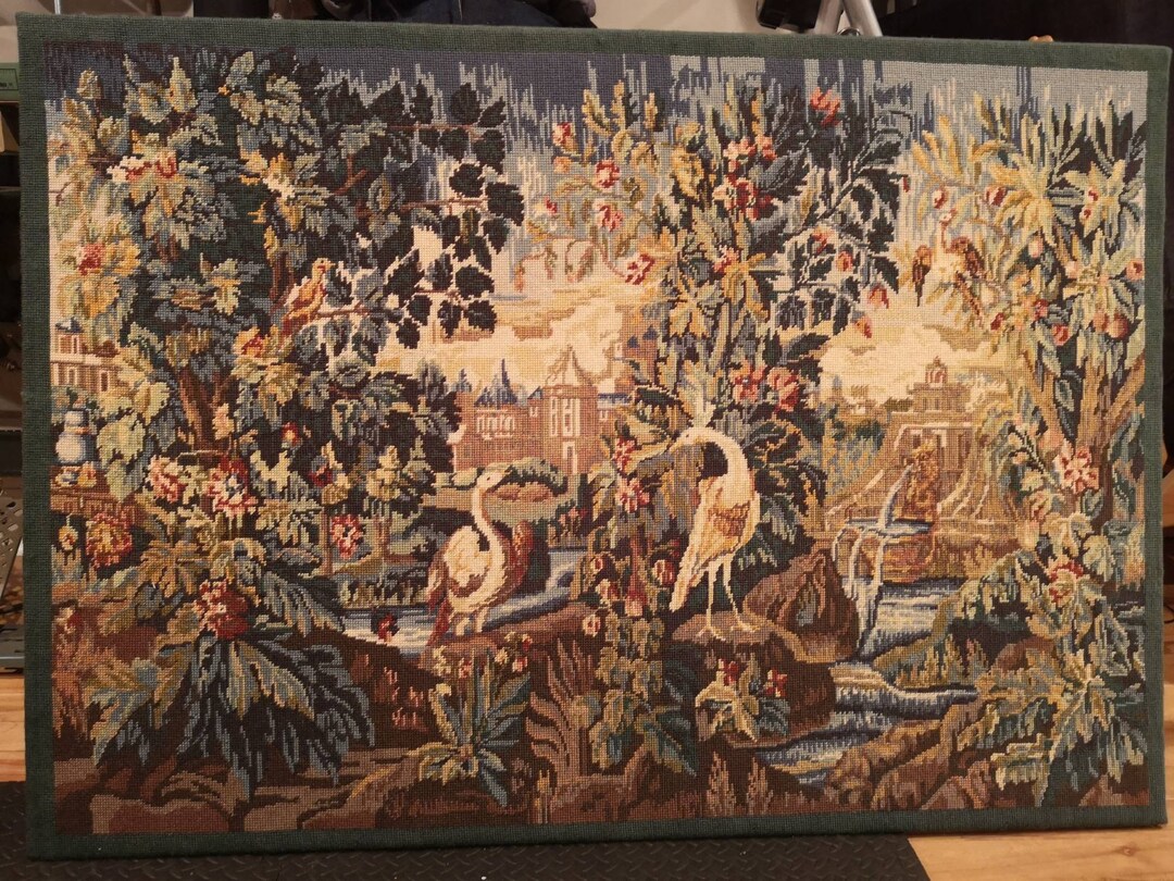 Huge 45"x31" COMPLETED Needlepoint Tapestry... Greenery Forest Birds ...