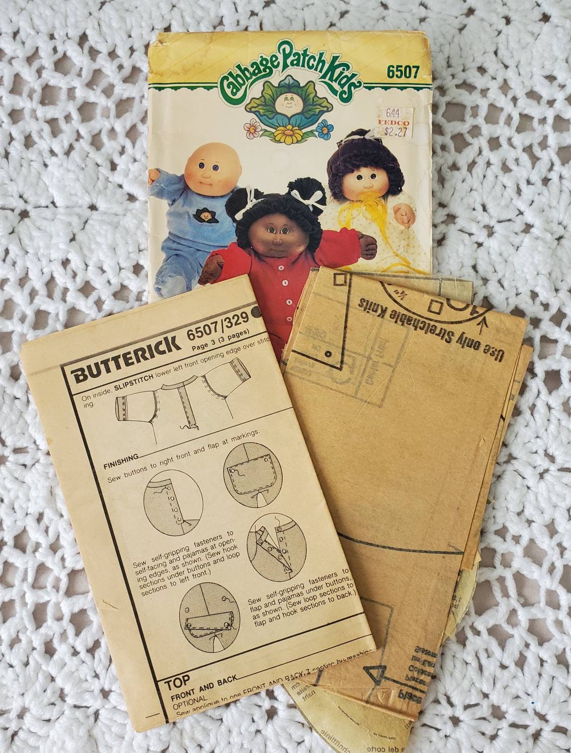 Vintage Butterick #6507 Cabbage Patch Kids Doll Clothing Sewing Pattern ...