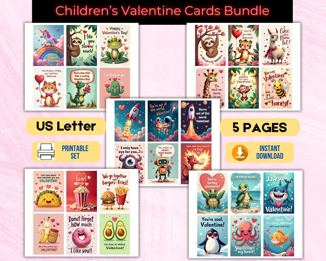 Printable Kids Valentine Cards Bundle Set US Letter, Cute Funny ...
