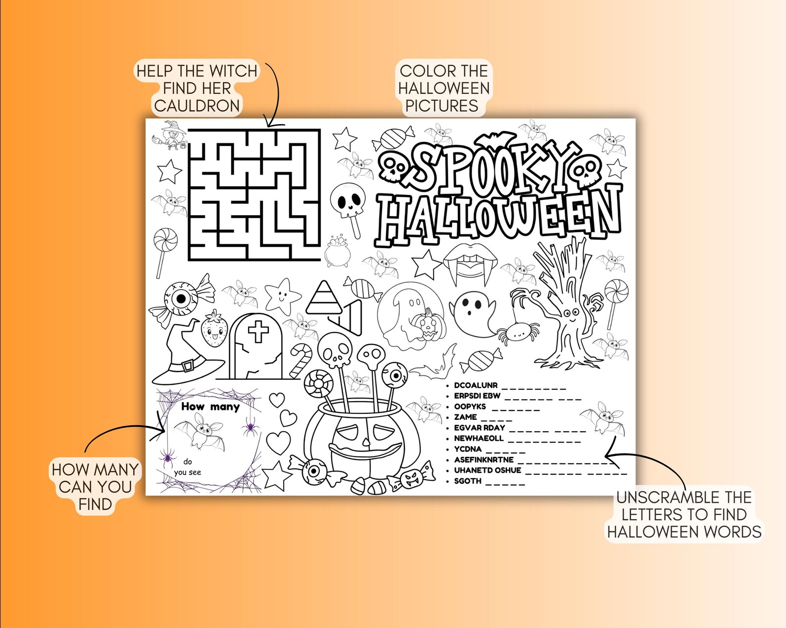 Halloween Children's Printable Coloring Activity Placemat Sheets ...