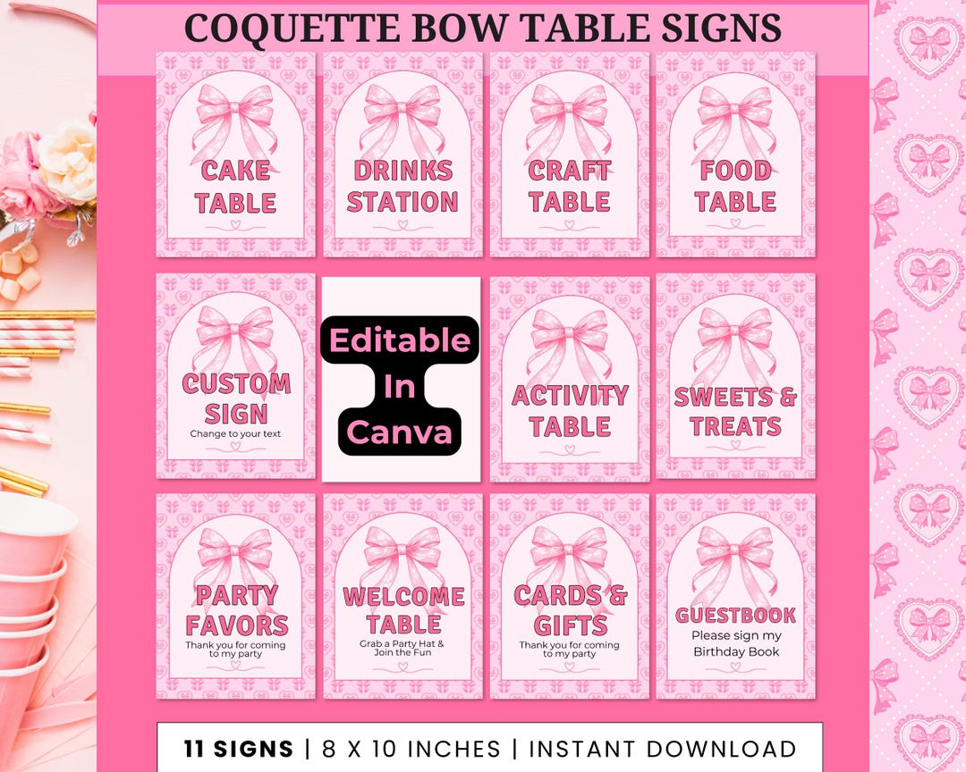 Editable in Canva Pink Coquette Bow Design Party Table Signs Templates ...