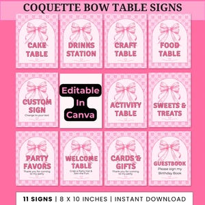 Editable in Canva Pink Coquette Bow Design Party Table Signs Templates ...