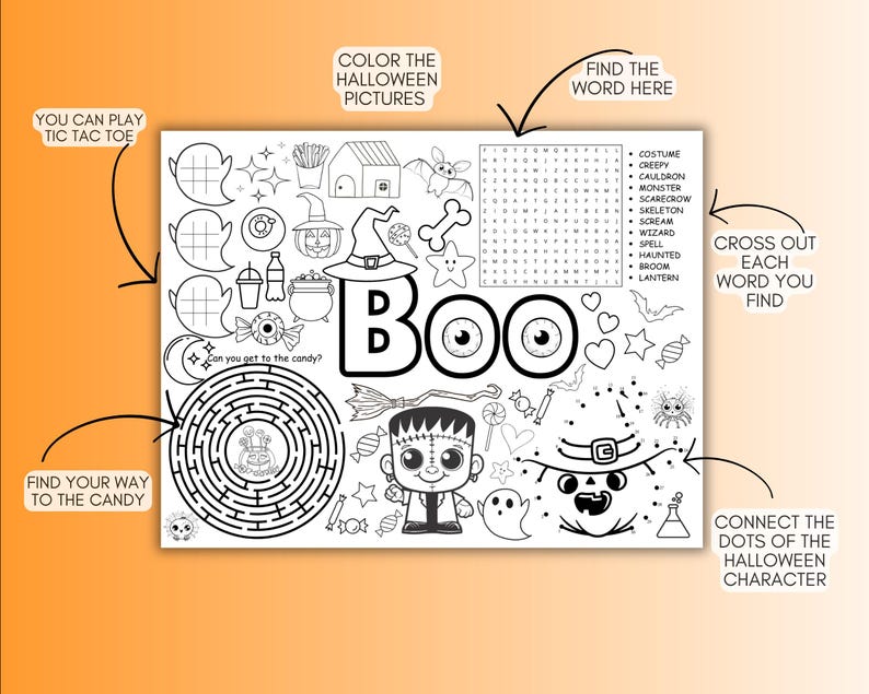 Halloween Children's Printable Coloring Activity Placemat Sheets ...
