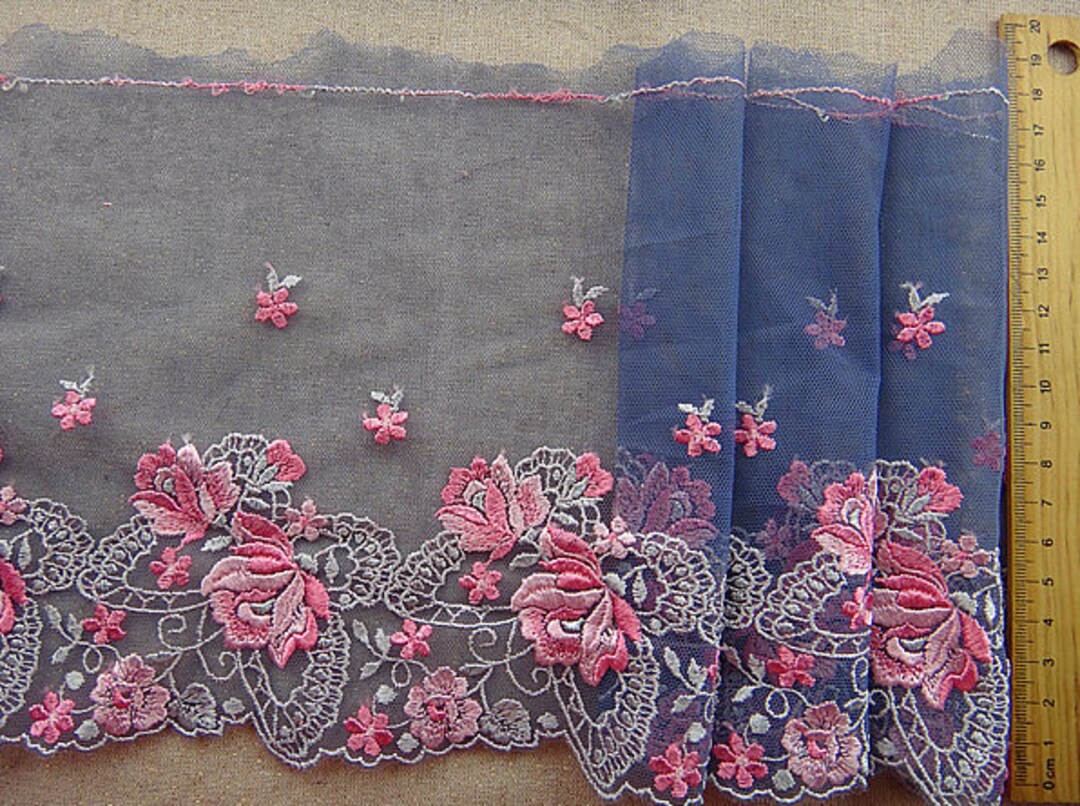 2 Yards Blue Mesh Lace Pink Floral Embroidered Lace Rosette Wedding ...