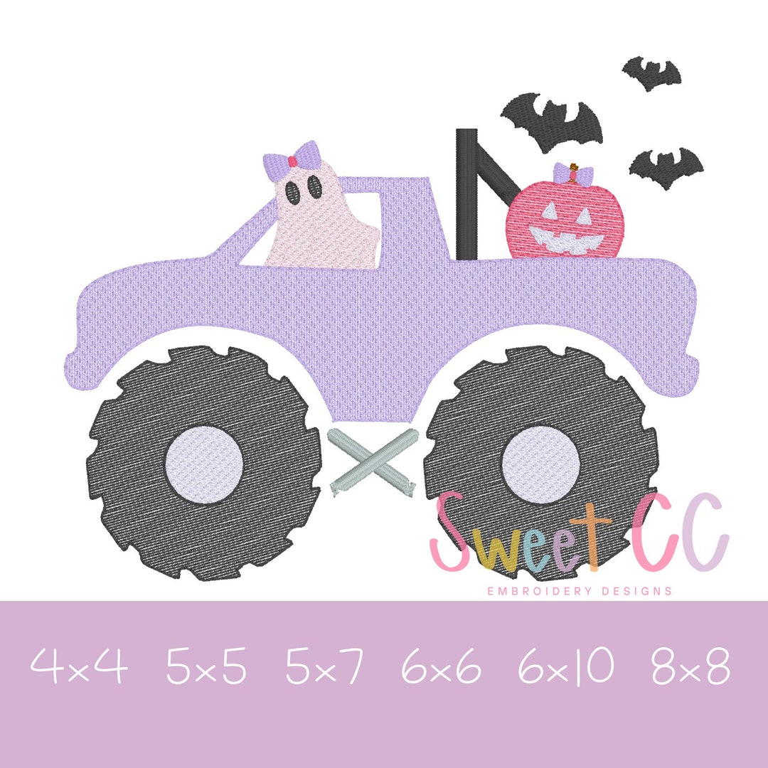 Spooky Bow Monster Truck Sketch Stitch Machine Embroidery Design 4x4 ...