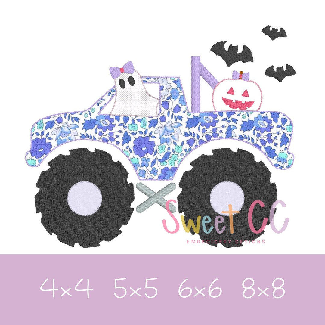 Spooky Bow Monster Truck Bean Stitch Applique Machine Embroidery Design ...