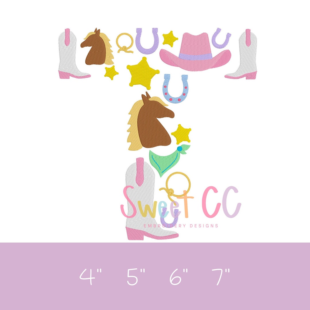 Letter T Western Font Fill Stitch Machine Embroidery Design 4", 5", 6 ...