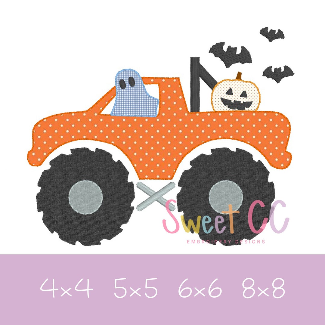Spooky Monster Truck Bean Stitch Applique Machine Embroidery Design 4x4 ...