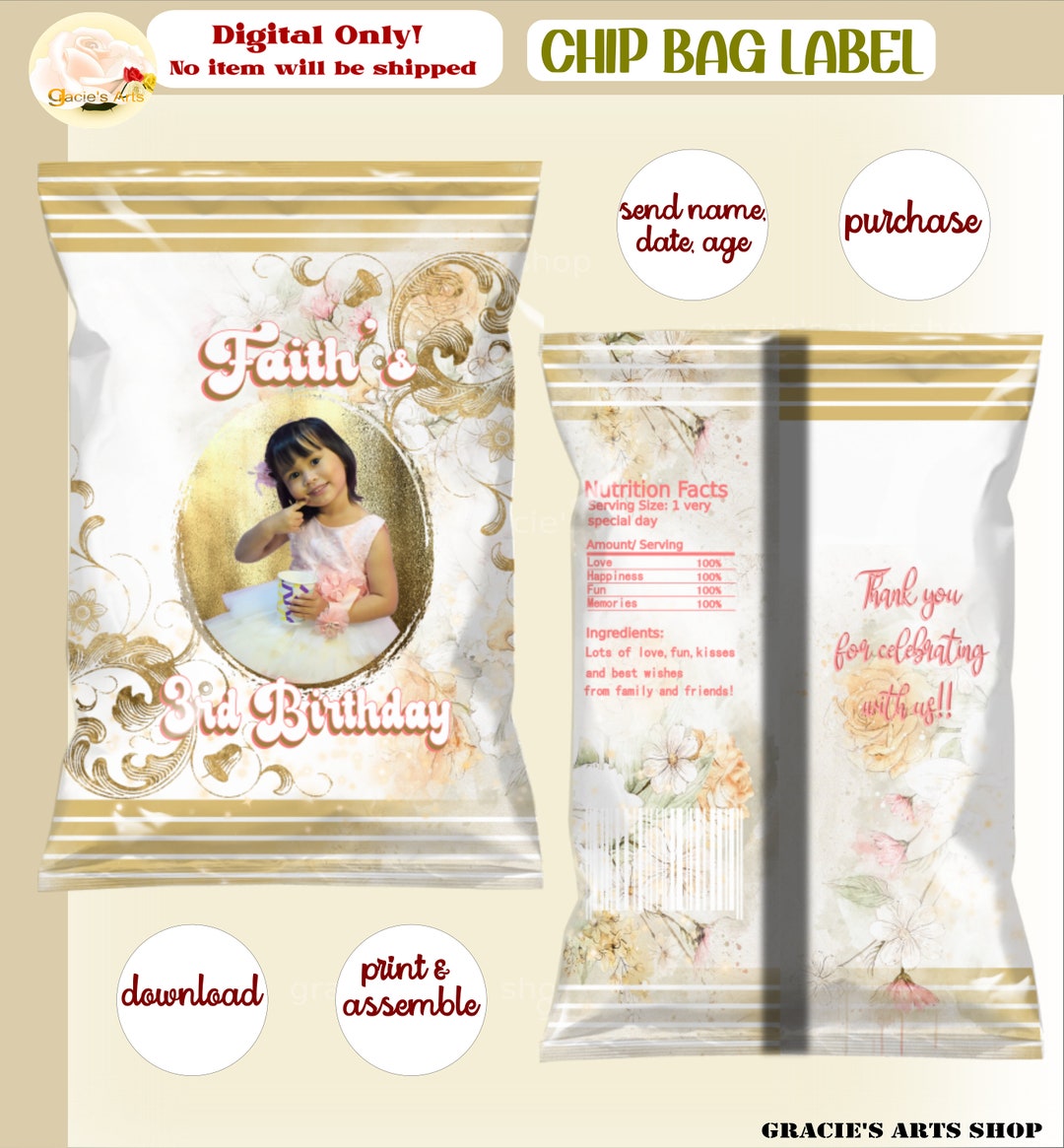 Digital Printable no Shipping CHIP BAG Label Floral Gold - Etsy