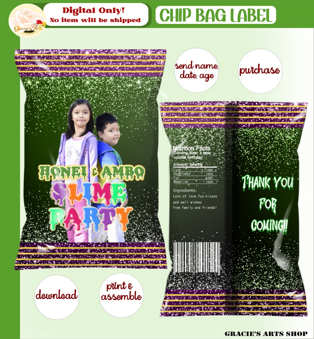 Digital, Printable (no Shipping) Slime in Green Theme - CHIP BAG Labels ...