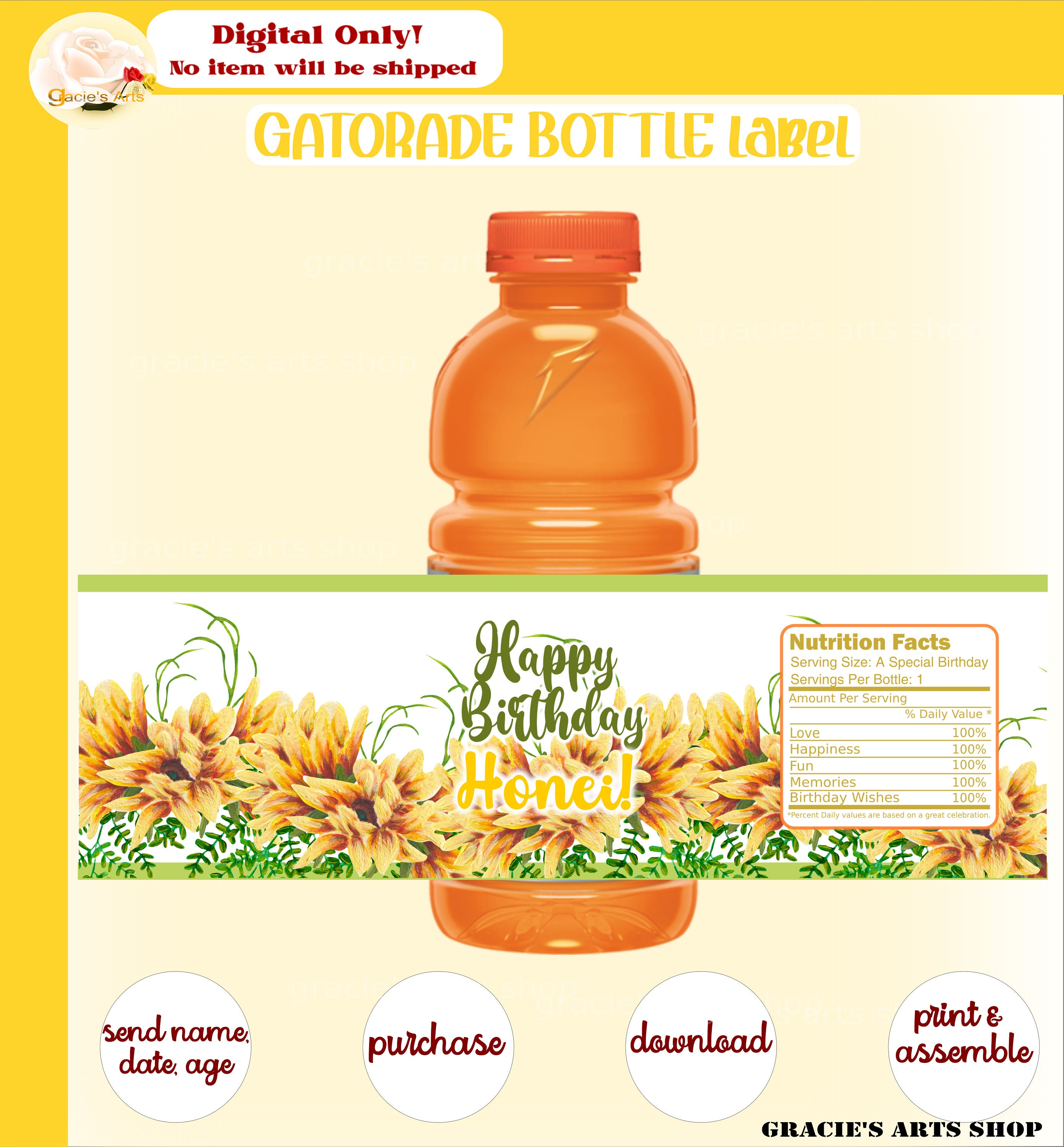 Digital, Printable no Shipping SUNFLOWER Theme 2 GATORADE Label ...