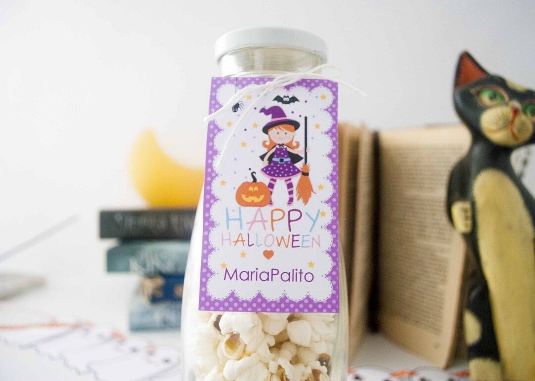 Little Witch Printable Treat Bag Tag , Happy Halloween Rectangle Tag ...