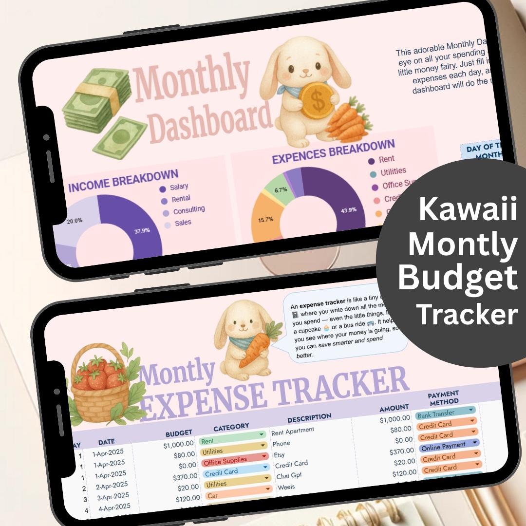 Cute Monthly Budget Tracker Bunny Theme Income Spending Spreadsheet ...