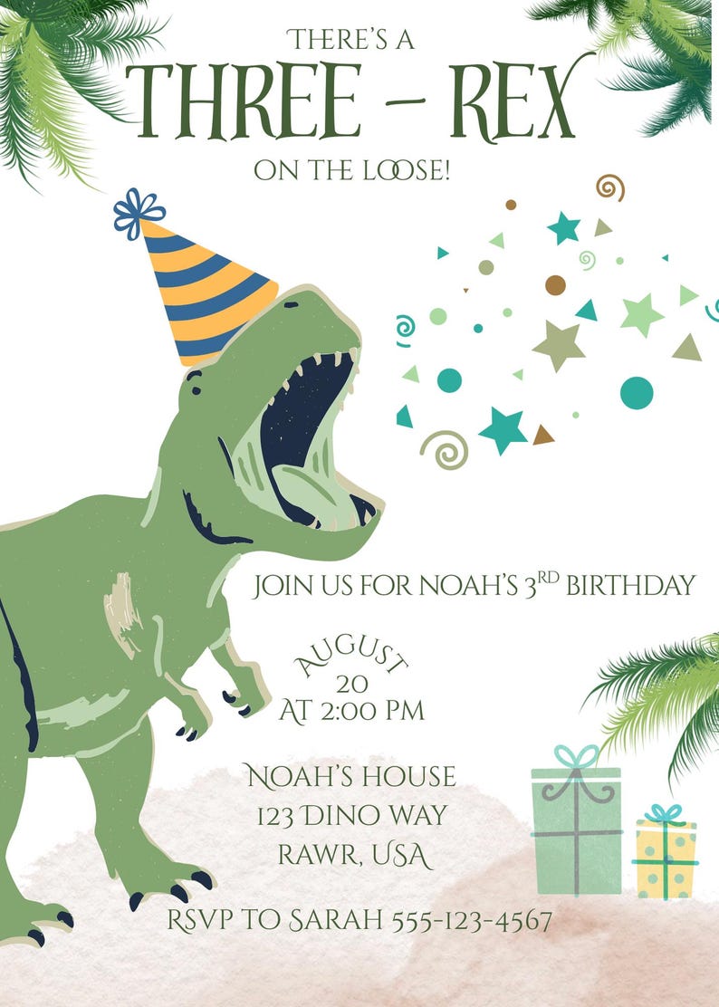 Three Rex Birthday Invitation | 3rd Dino Party Invite | Editable Canva ...