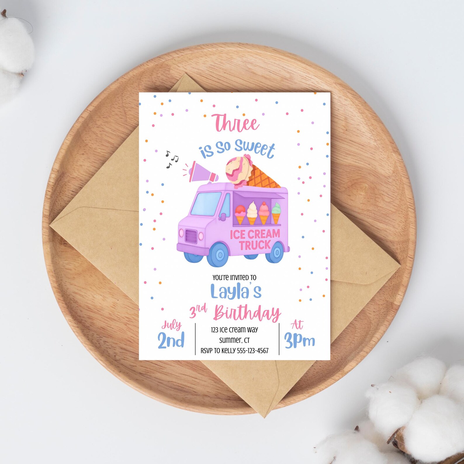 Three is so Sweet 3rd Birthday Invite | Editable Ice Cream Truck Party ...