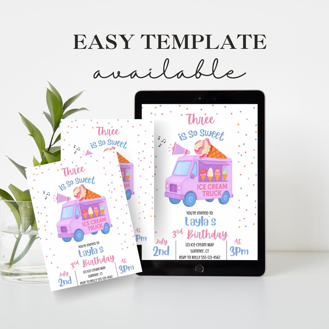 Three is so Sweet 3rd Birthday Invite | Editable Ice Cream Truck Party ...