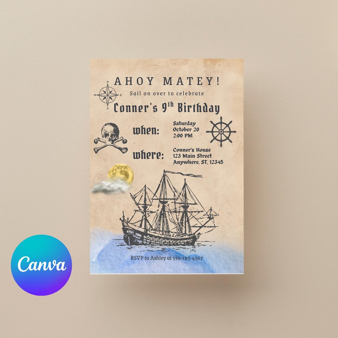 Nautical Pirate Ship Birthday Invitation, Ahoy Matey Skull and ...