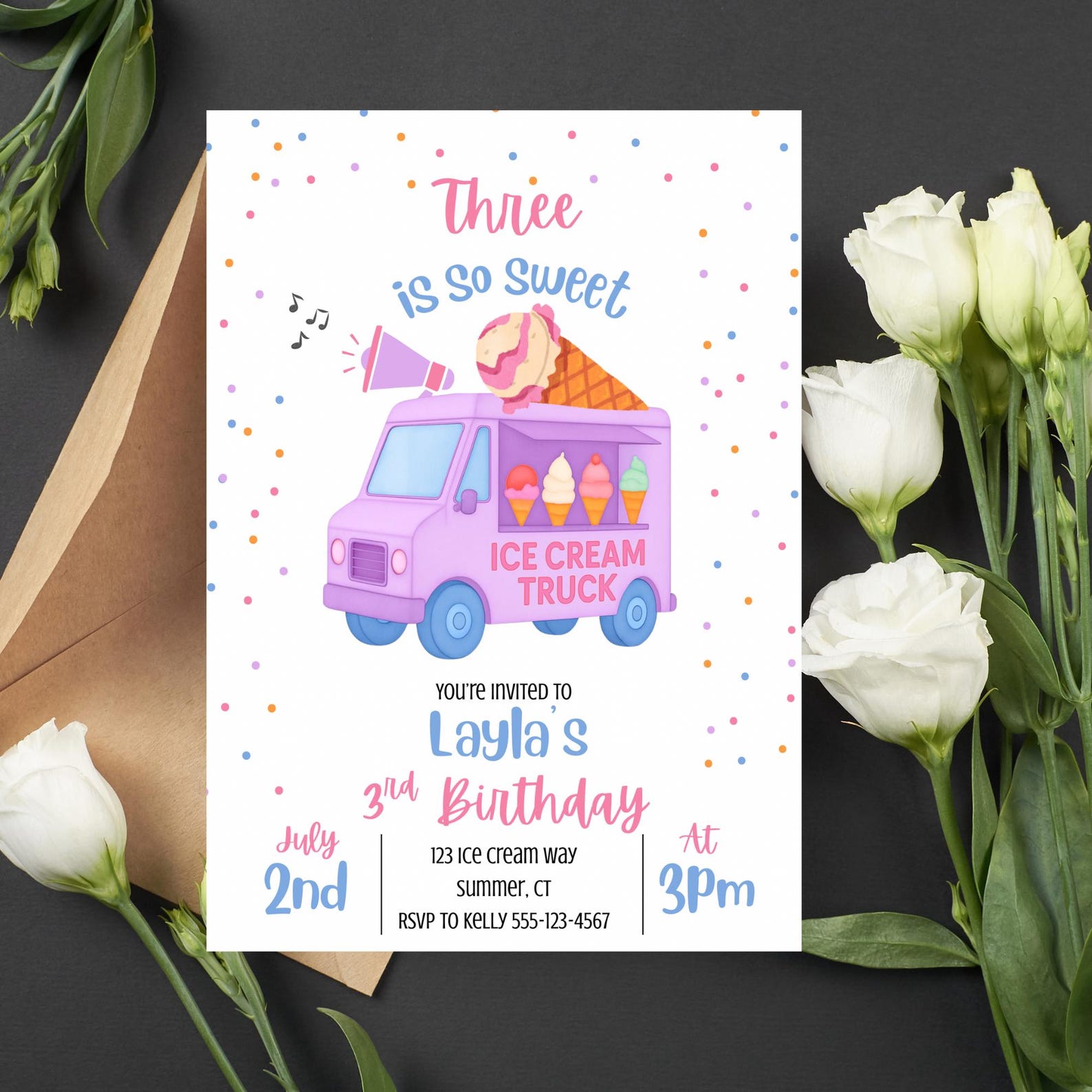 Three is so Sweet 3rd Birthday Invite | Editable Ice Cream Truck Party ...