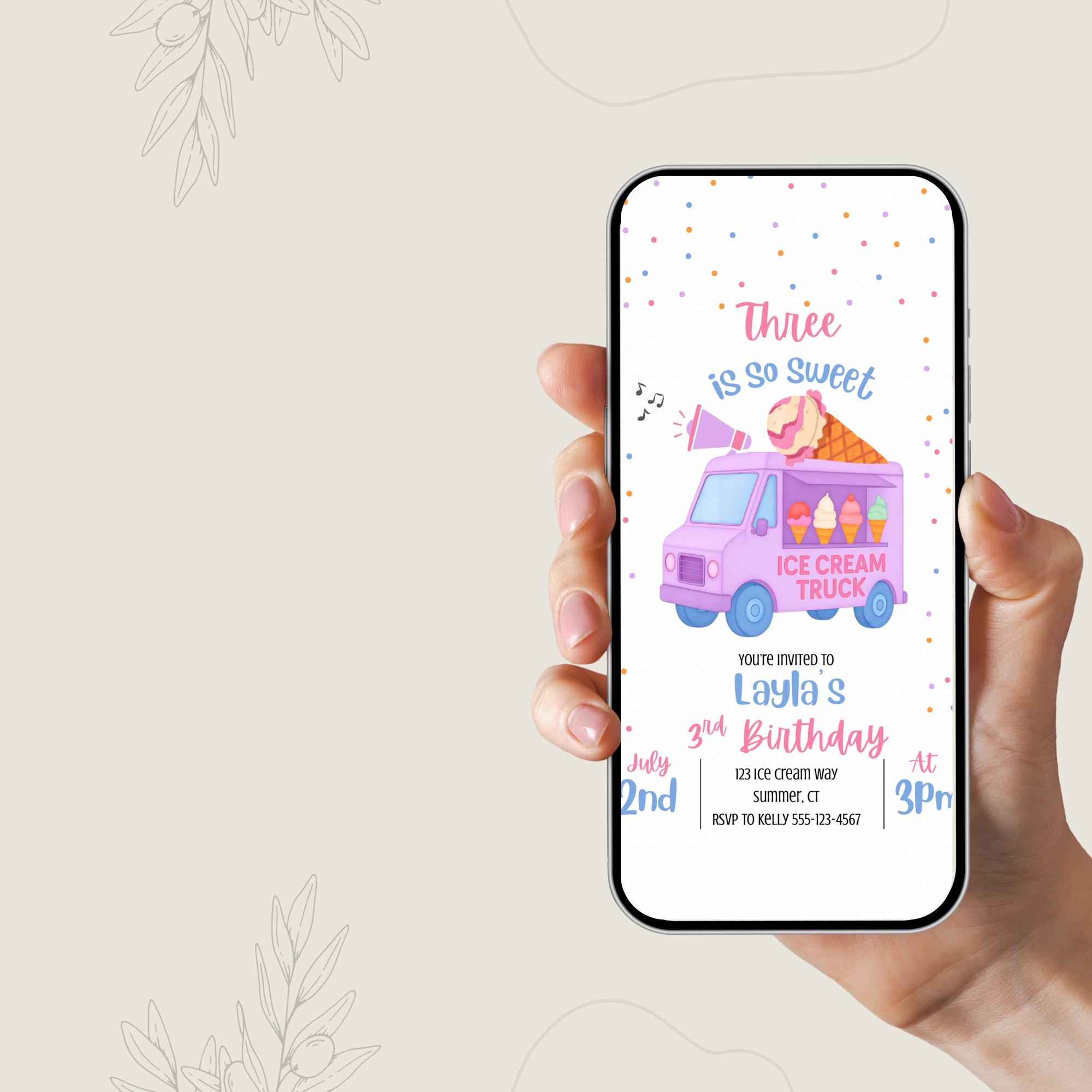 Three is so Sweet 3rd Birthday Invite | Editable Ice Cream Truck Party ...