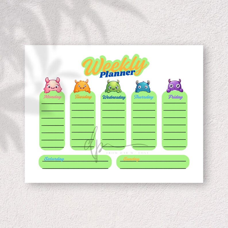 Cute Monster Weekly Planner for Kids | Printable Dry Erase Chart ...