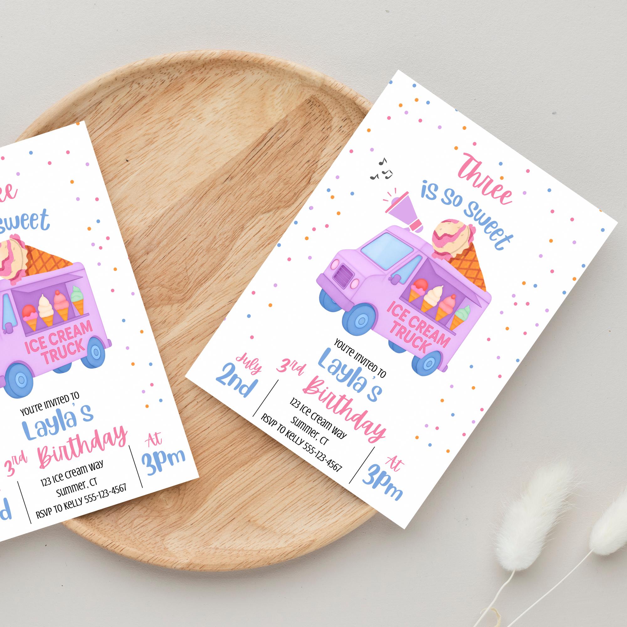 Three is so Sweet 3rd Birthday Invite | Editable Ice Cream Truck Party ...