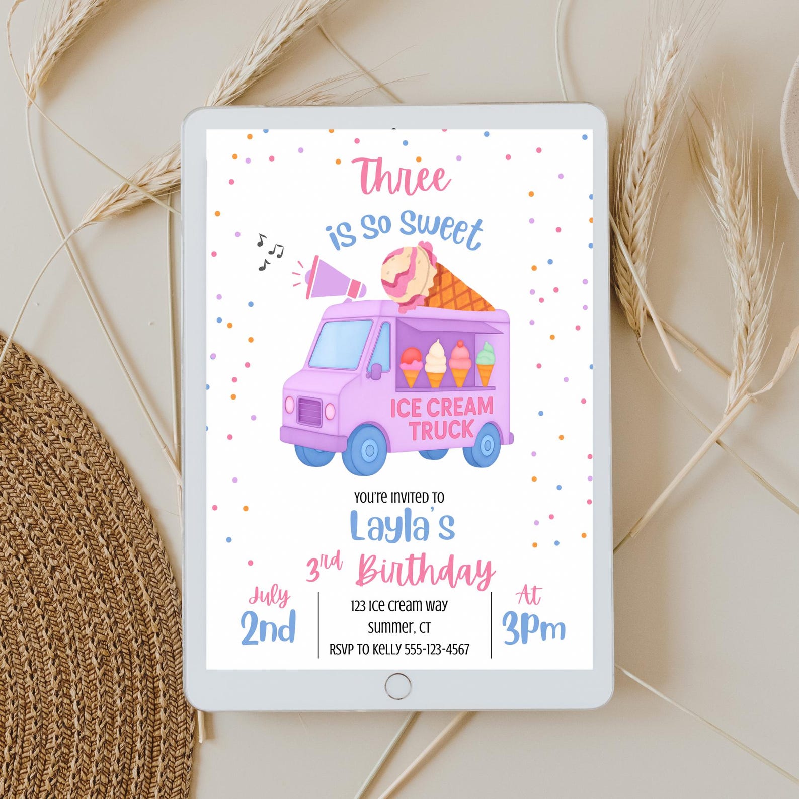 Three is so Sweet 3rd Birthday Invite | Editable Ice Cream Truck Party ...