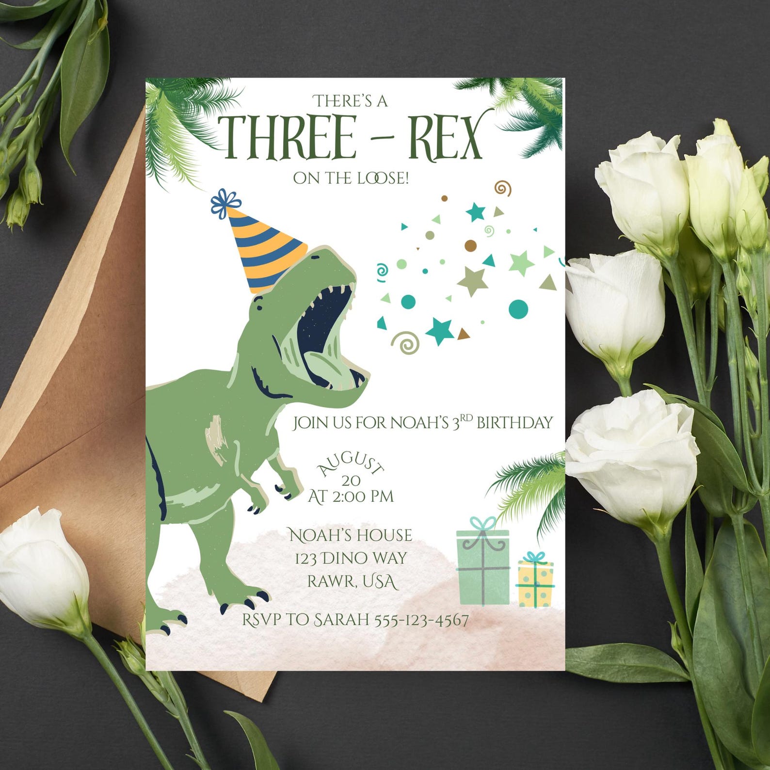 Three Rex Birthday Invitation | 3rd Dino Party Invite | Editable Canva ...