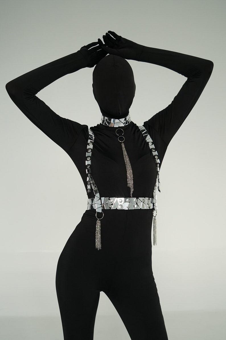 Body Chest Mirror Silver Harness With a Silver Mirror Tassel Choker ...
