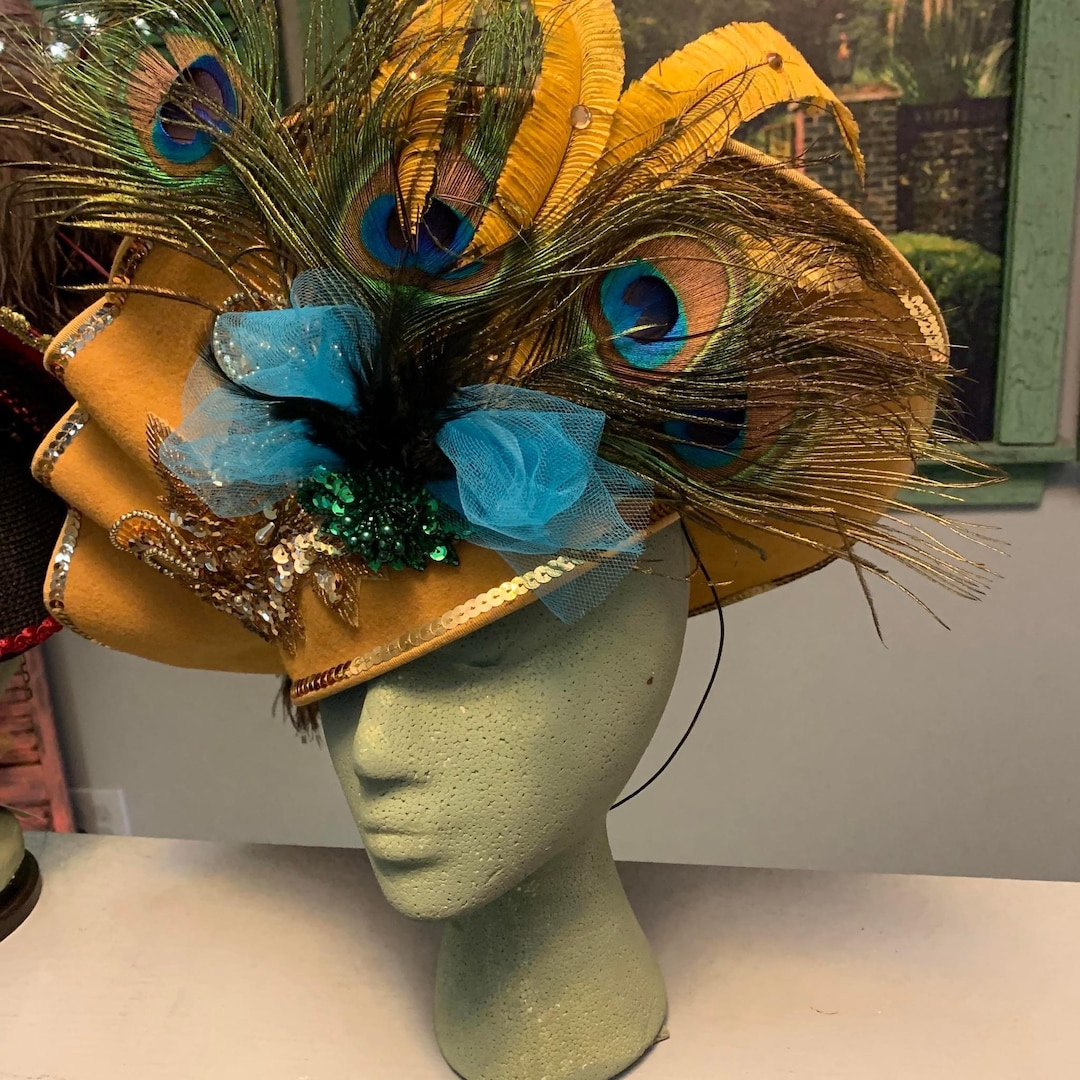 Designer Gold Wool Pirate Hat: Peacock Feathers, Theatrical Costume - Etsy
