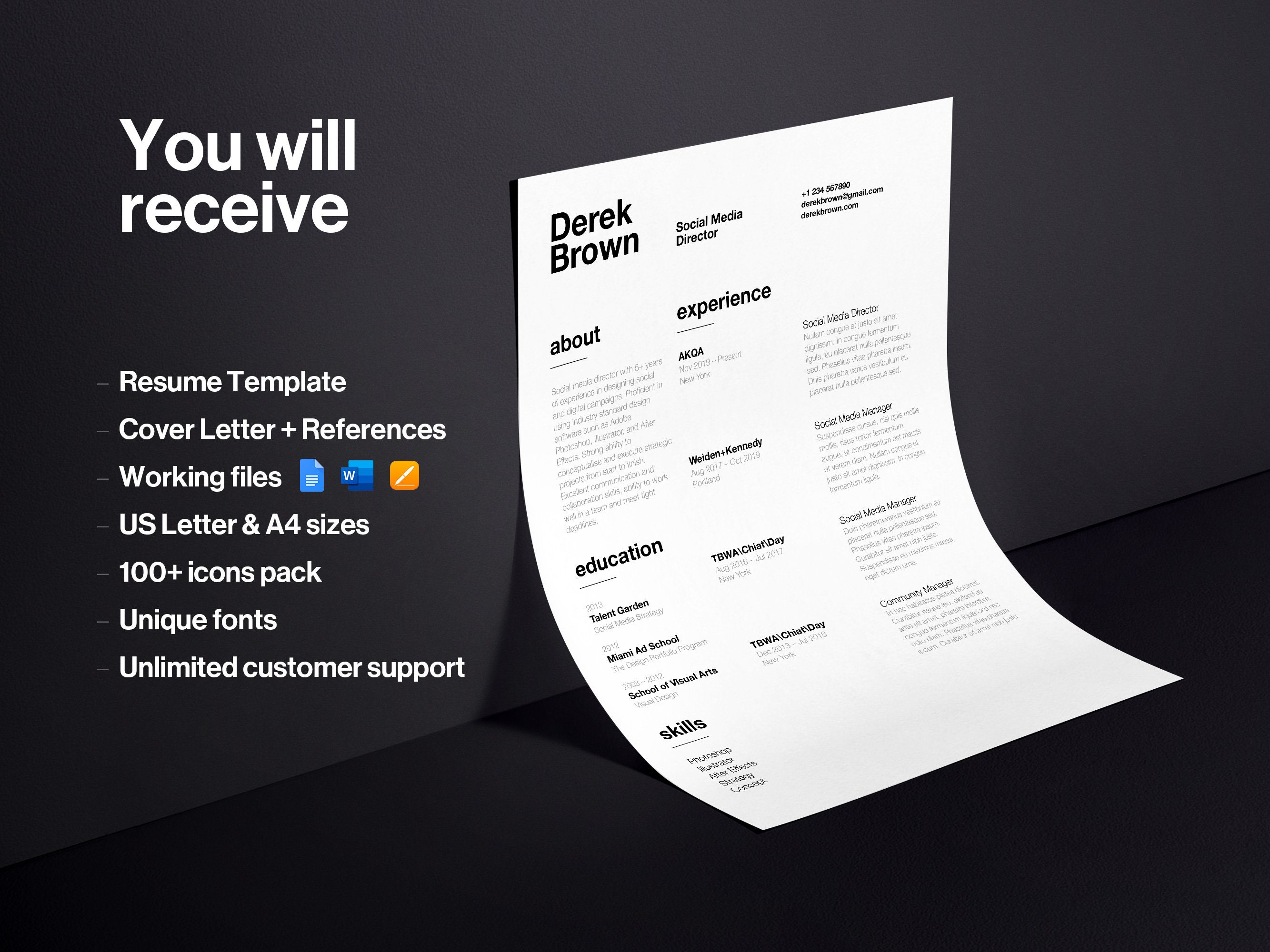 Resume Template for Google Docs, Word, Pages / Modern, Professional ...