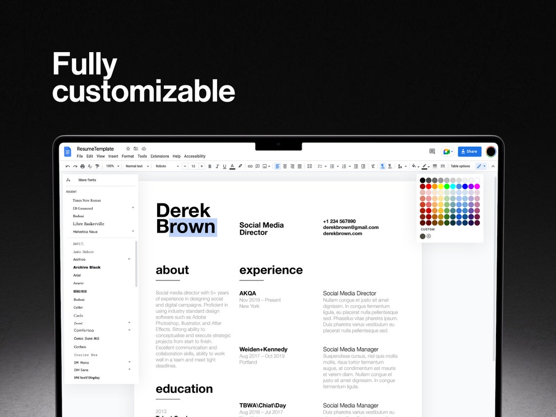 Resume Template for Google Docs, Word, Pages / Modern, Professional ...
