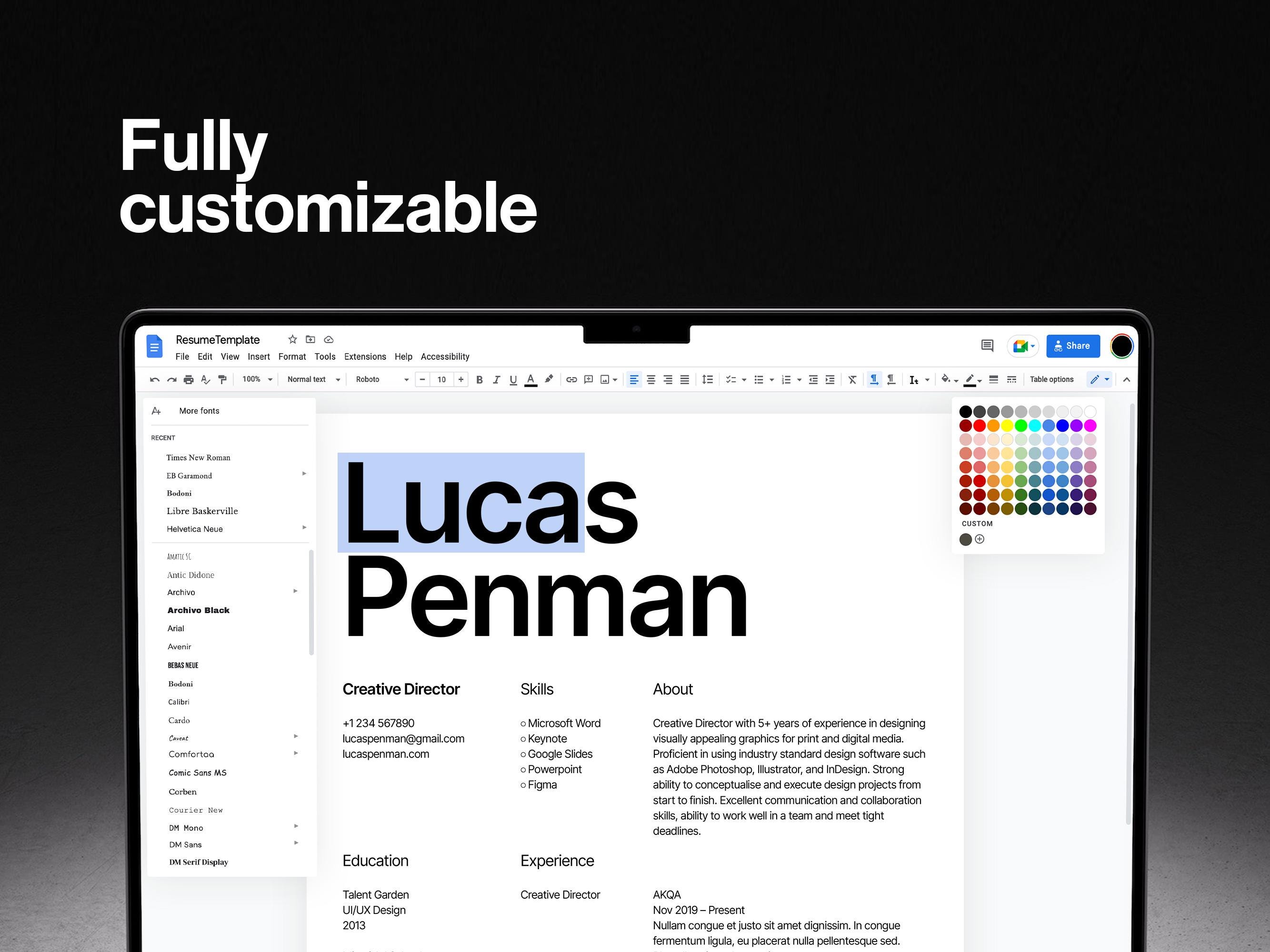 Resume Template for Google Docs, Word, Pages / Modern, Professional ...