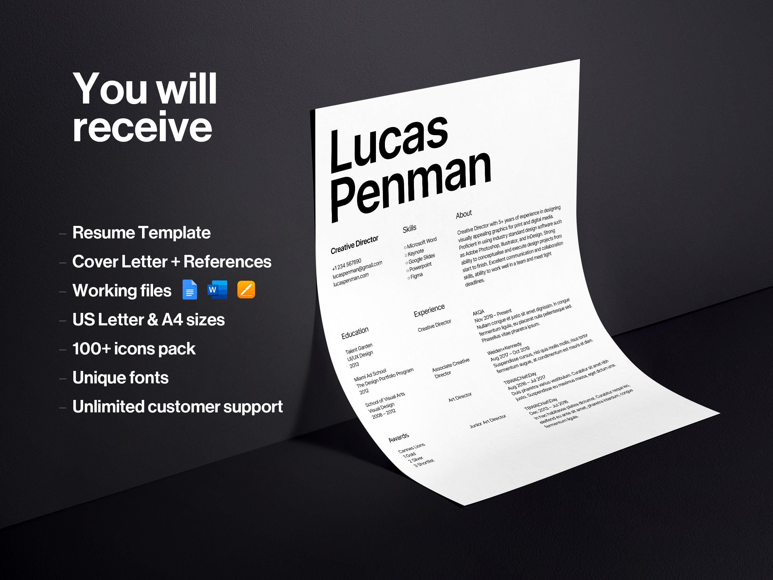 Resume Template for Google Docs, Word, Pages / Modern, Professional ...