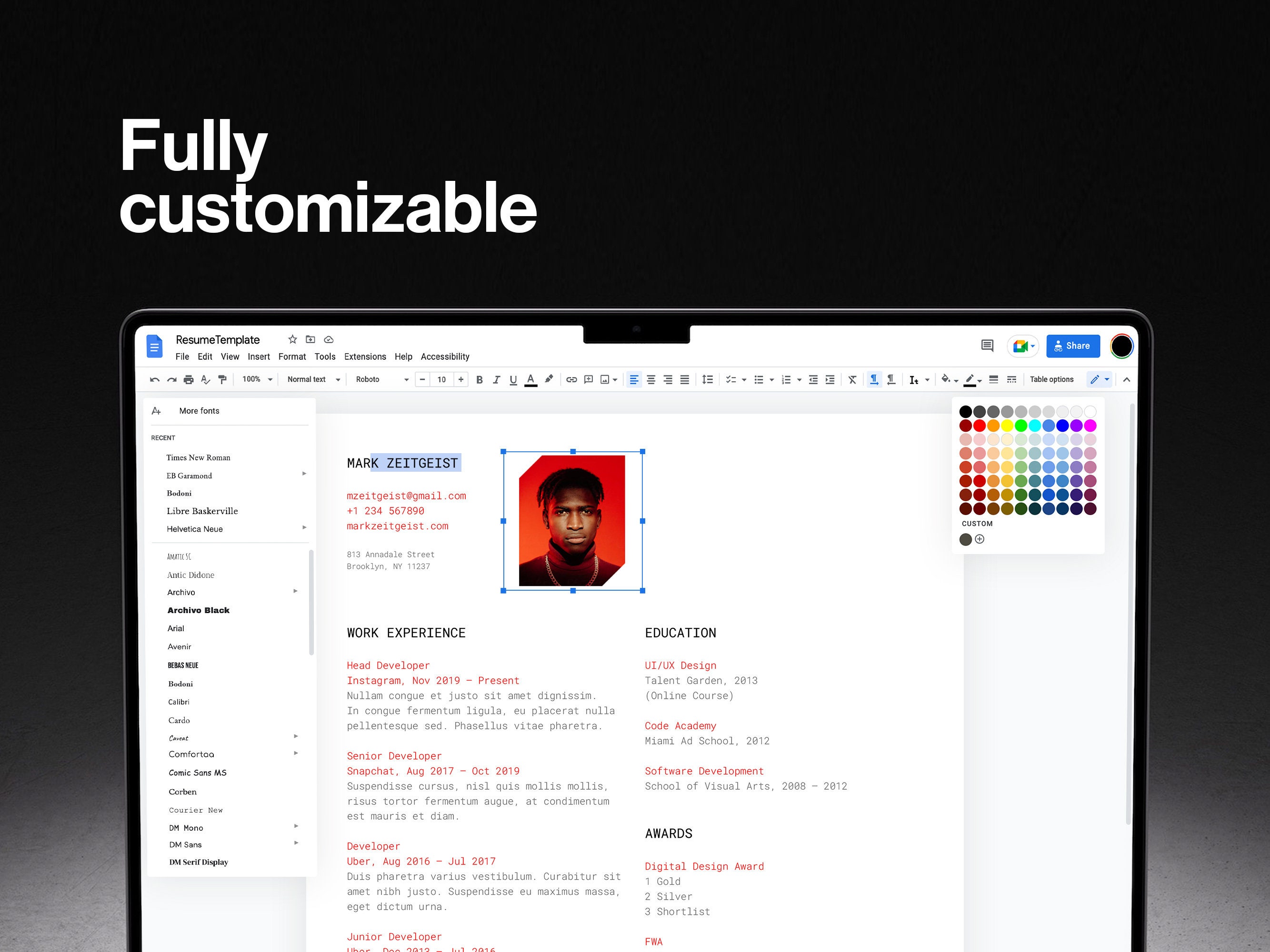 Resume Template for Google Docs, Word, Pages / Modern, Professional ...