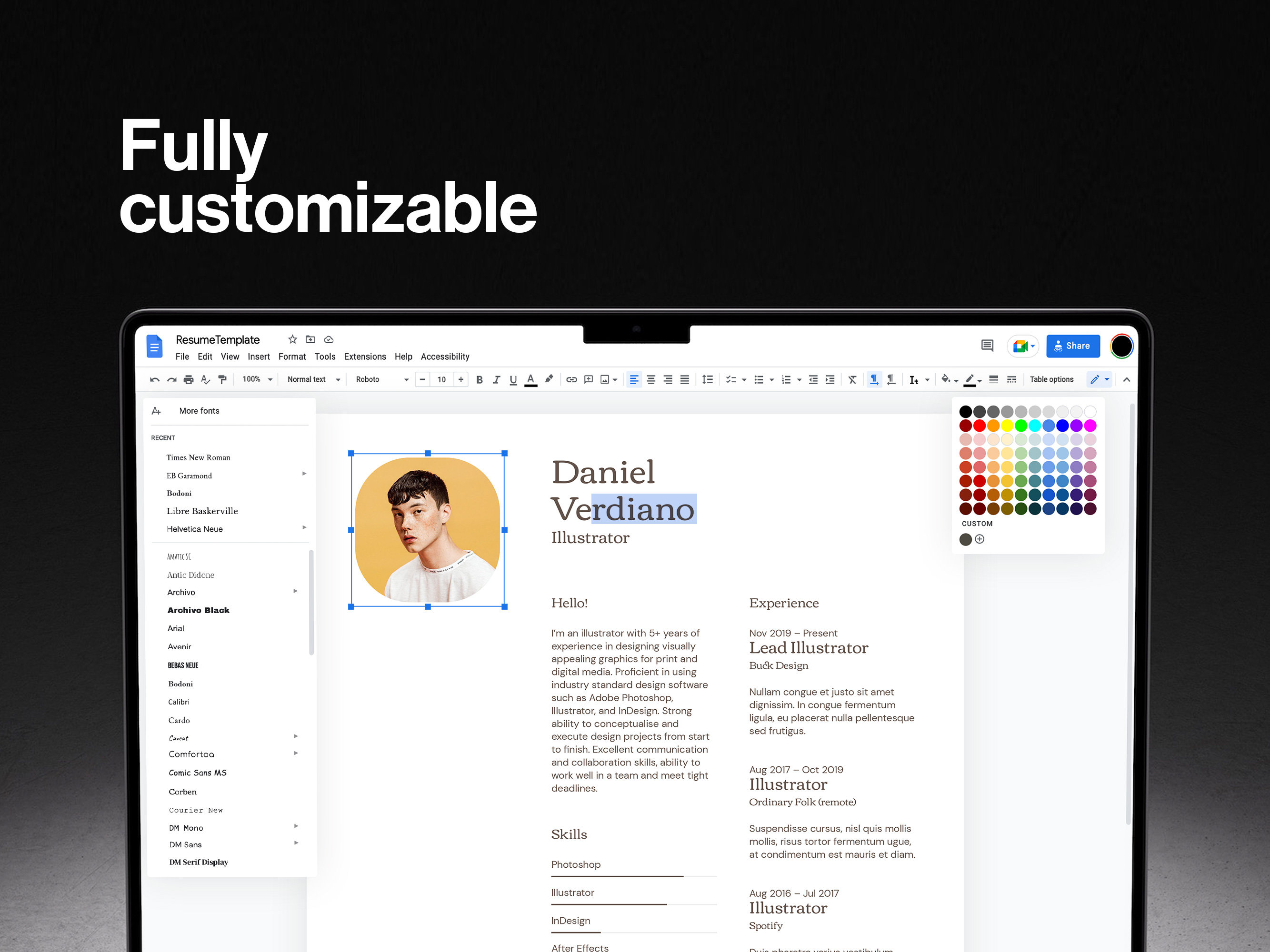 Resume Template for Google Docs, Word, Pages / Modern, Professional ...