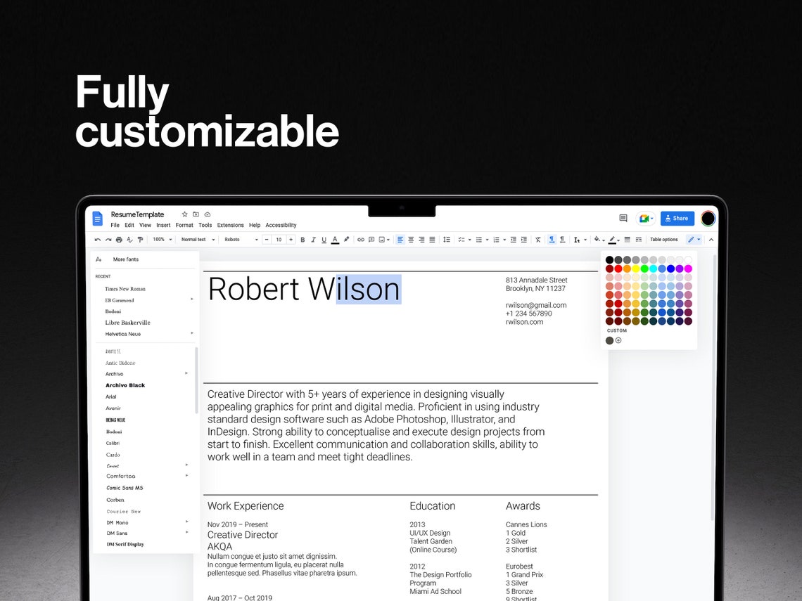 Resume Template for Google Docs, Word, Pages / Modern, Professional ...