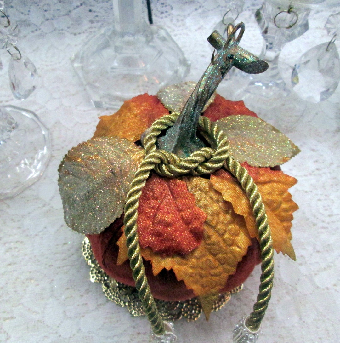 Burnt Orange Velvet Pumpkins Trimmed With Colored and Glittered Leaves ...