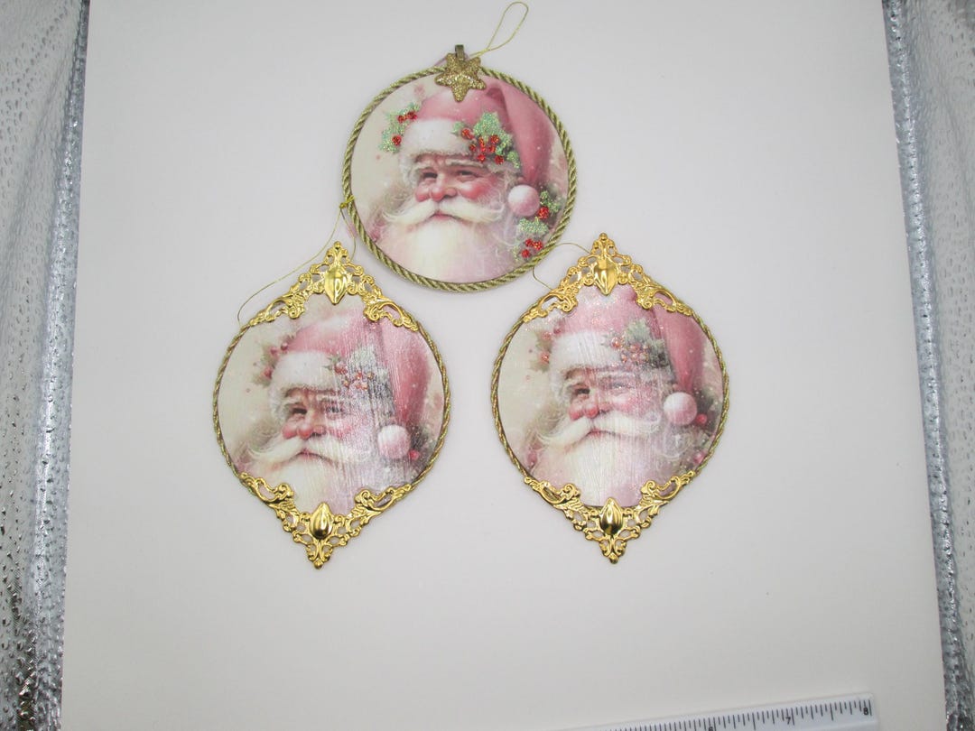 Set of THREE Gold Trimmed Pink Santa Ornaments 3inch Flat Wood Disc ...