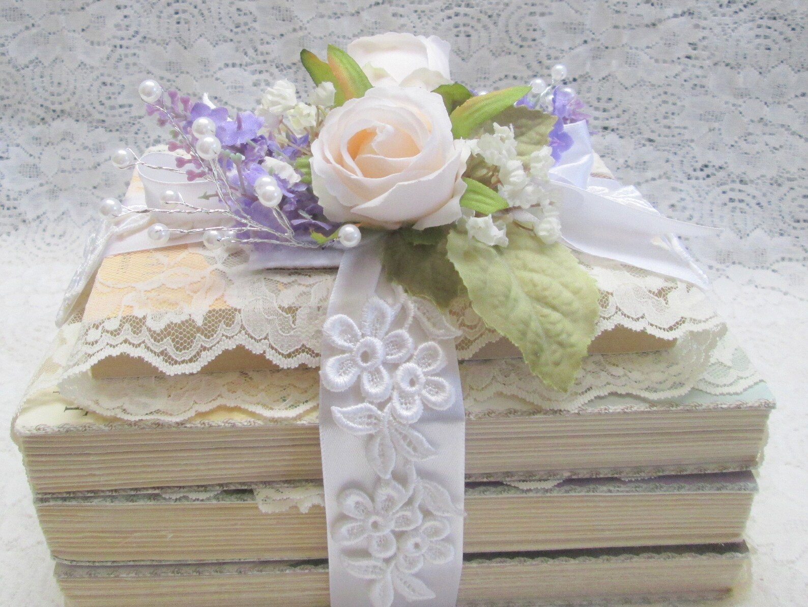 Gorgeous Stack of Books With Lace Flowers Appliques Satin | Etsy