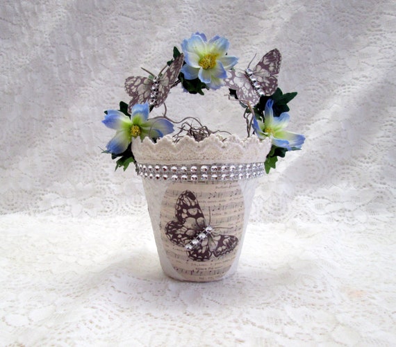 Altered Peat Pot With Flowers Butterflies Vines and - Etsy