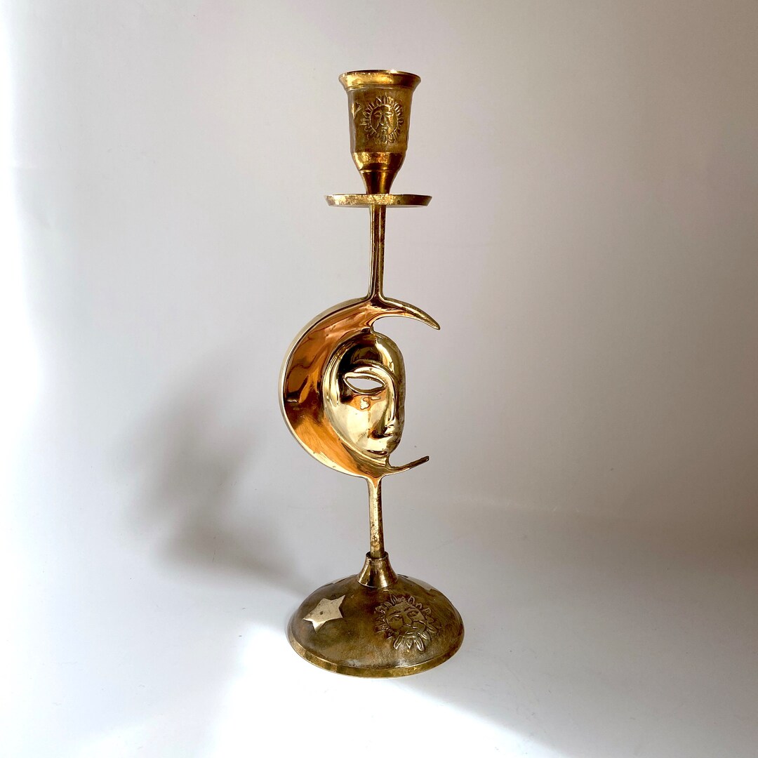 Mystical Sun Moon Star Candlestick/ Vintage Brass Celestial Candlestick ...