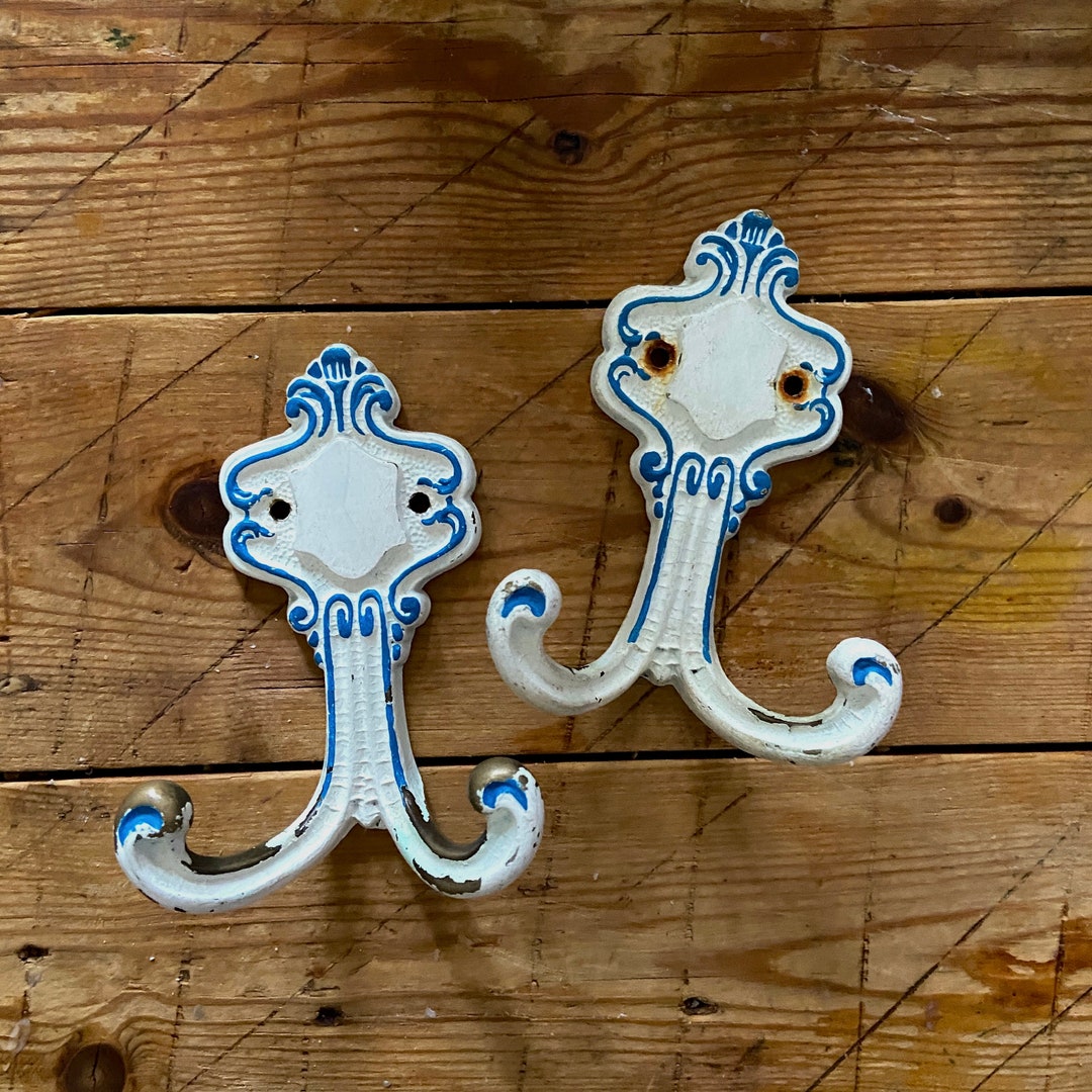 Pair of Shabby Antique Wall Hooks / Blue and White - Etsy