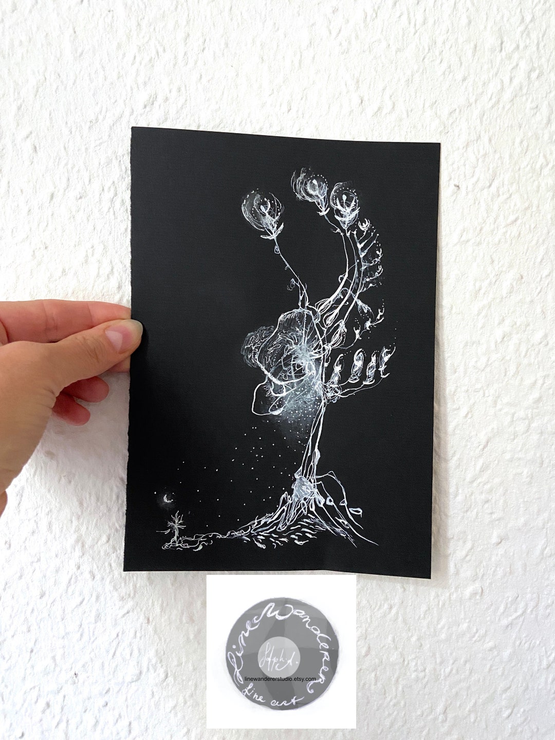 White Ink Surreal Drawing – Original Fine Art on Black Paper - Etsy