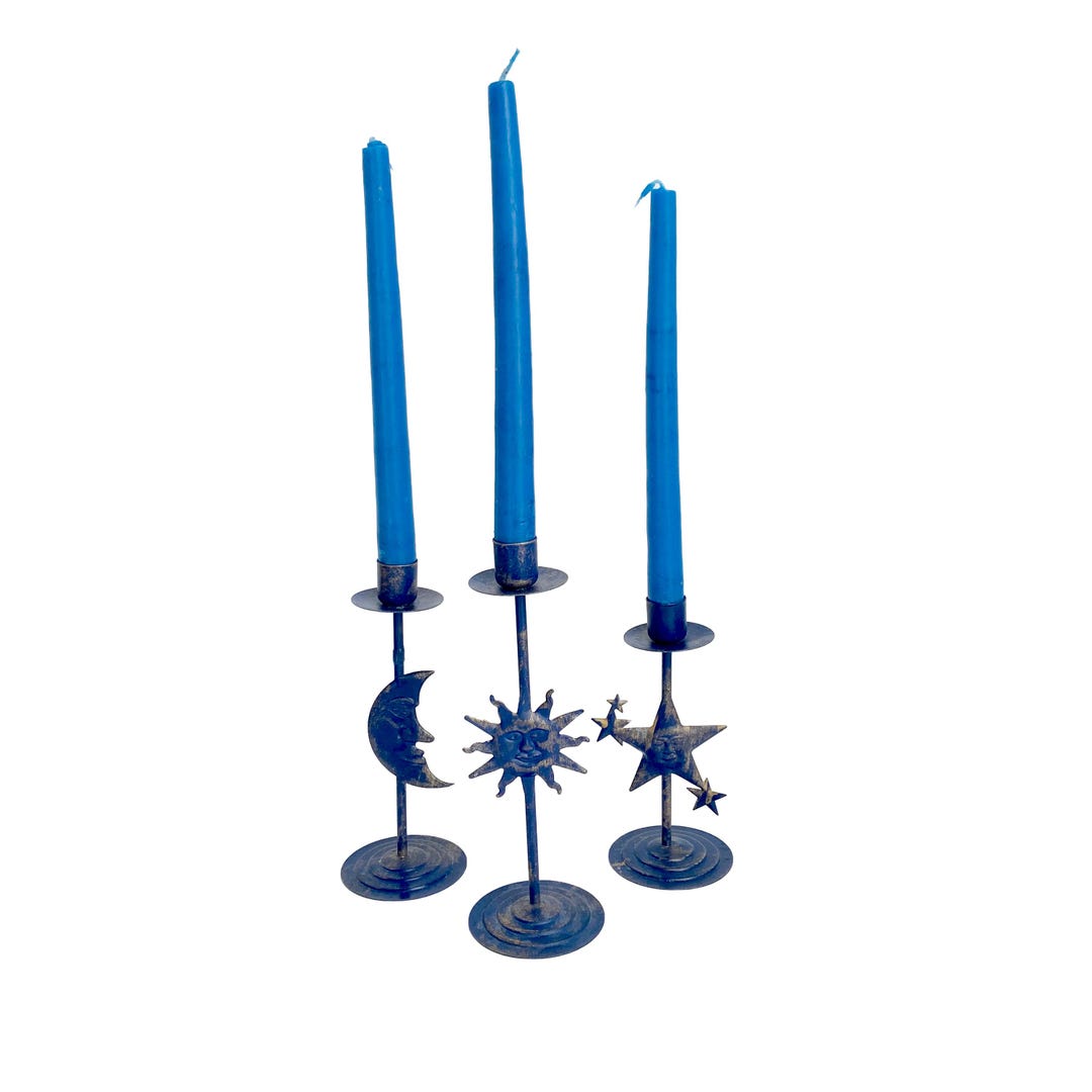 Sun Moon Star Candlestick/ Vintage Candlestick Set of 3 Blue Gold Metal ...