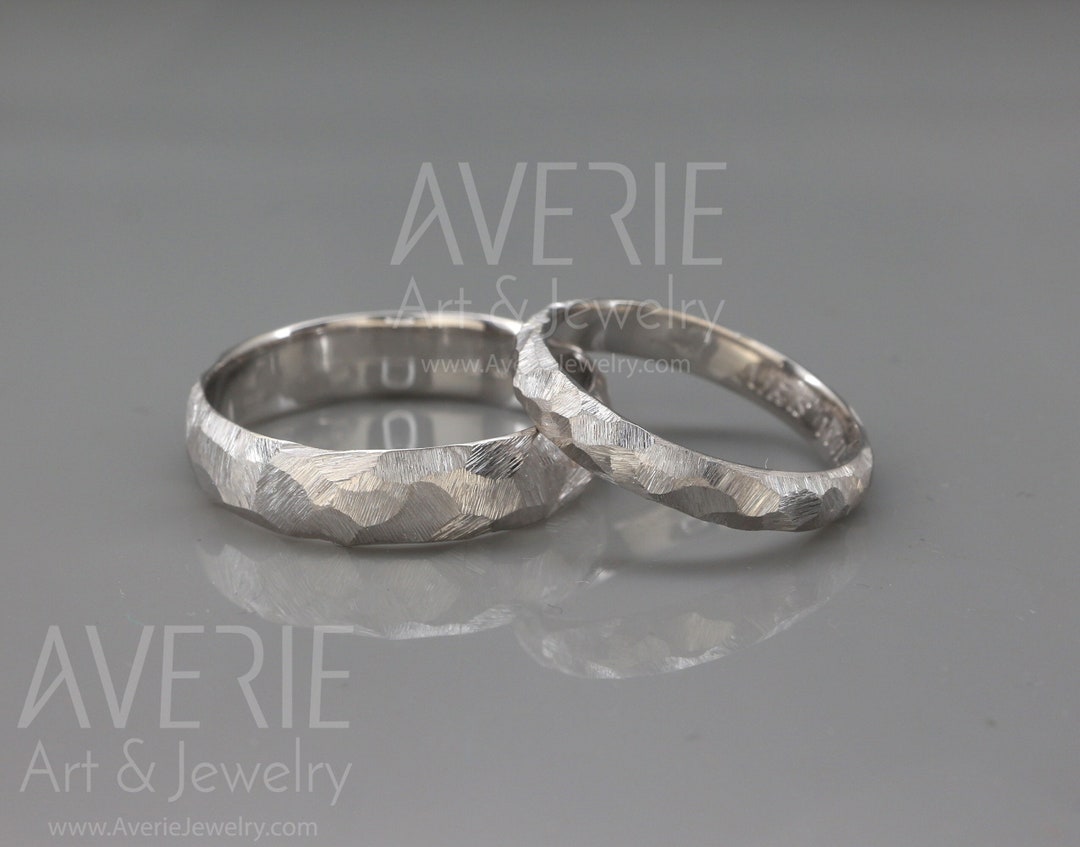 White Gold Textured Wedding Band Set | His and Hers Hammered Wedding ...