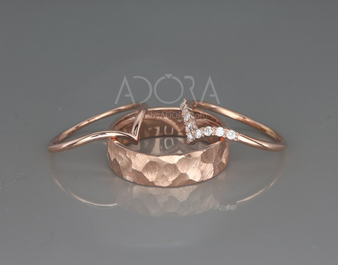 14K Rose Gold Wish Bone Wedding Rings Set With Diamonds 14k | Etsy