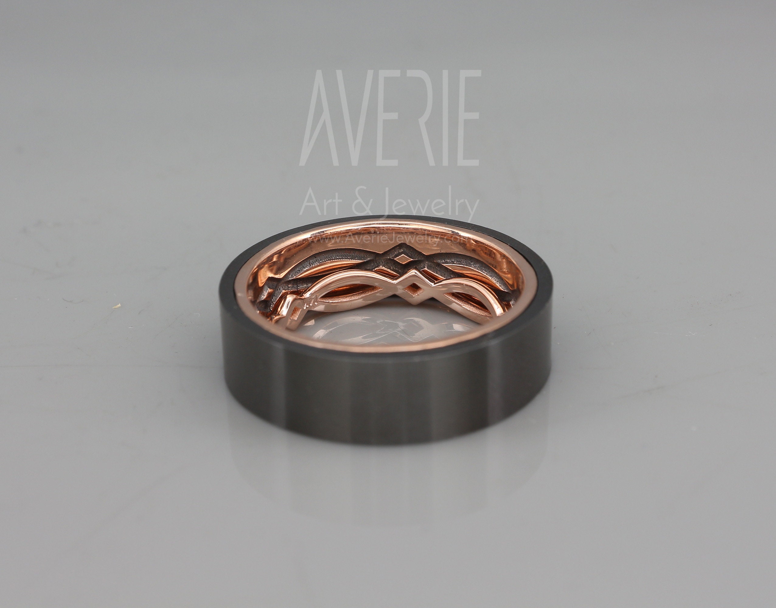 Black Zirconium & 14k Rose Gold Wedding Bands Set With Matte Finish ...